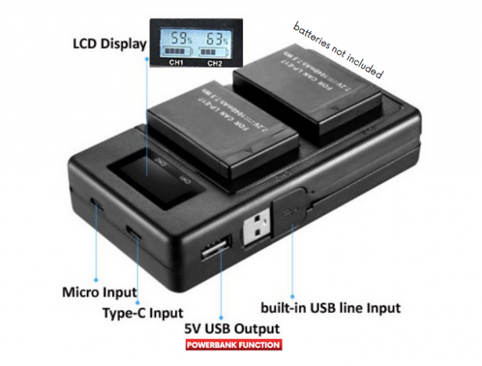 INCA Twin USB Charger for Sony NP-F970 (Micro-USB + USB-C Powerbank)